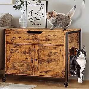 IRONCK Litter Box Enclosure with Storage and Wheels, Large Wood Hidden Cat Cabinet, Indoor Cat Washroom Furniture with Divider, Fit Most of Litter Box, Vintage Brown