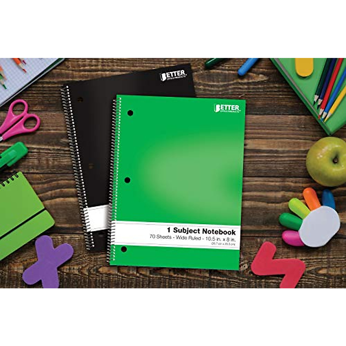 Better Office Products Spiral Notebooks 1-Subject, 24 Pack, Wide Rule, 70 Sheet, 8 x 10.5 inches, 6 Assorted Primary Colors, 24 Pack