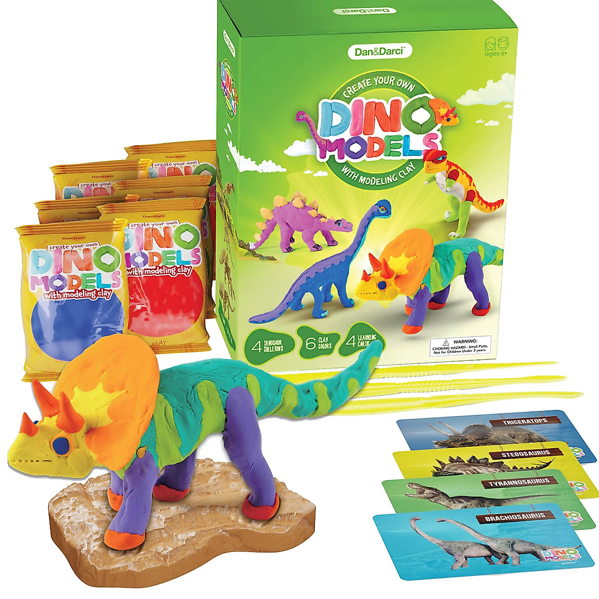 Dino Models, Clay Craft Kit - Dinosaur Arts and Crafts for Kids - Dinosaur Easter Gifts for Boys & Girls - Build 4 Dinos with Air Dry Magic Modeling Clay Model Set Ages 3, 4, 5, 7, 8+ Boy or Girl