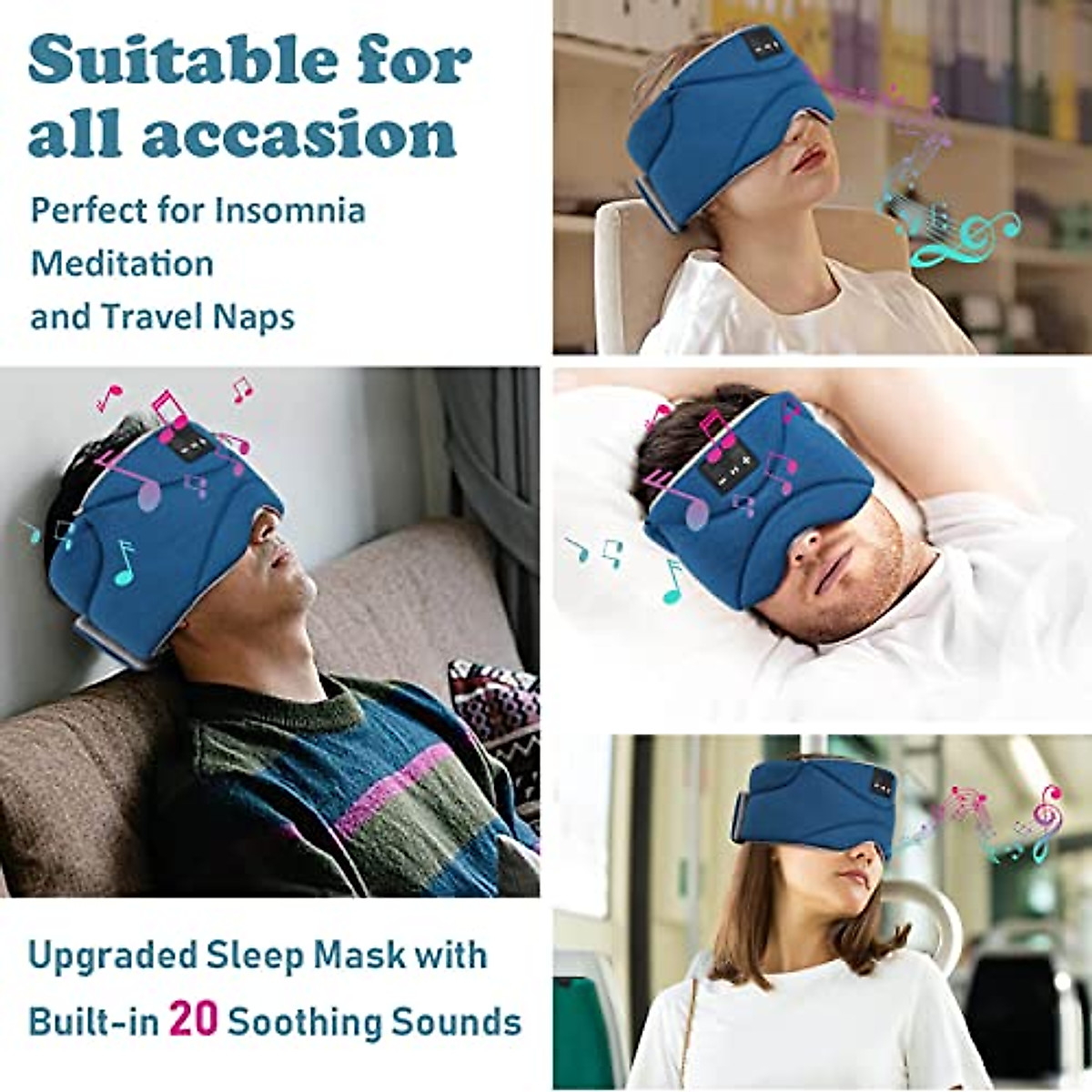 Bluetooth Sleep Mask with 24 White Noise, Ultra-Thin Speaker Cold Pack Blockout Bluetooth Eye Mask Sleep Headphones for Side Sleepers, Airplane, Travel, Cool Gadgets for Women Man (Blue)