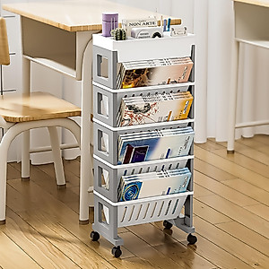 5 Tier Book Rack Storage Bookshelf, Mobile Bookshelf with Wheels, Removable Movable Unique Bookcase, Rolling Book Cart, Bookshelves for Students Study in Dorm Classroom Living Room School(White Grey)