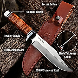 ZhengSheng 6.7 inches Fixed Blade Hunting Knife Genuine Leather Handle Bowie Knife with Leather Sheath Straight Edge Knife for Camping, Hiking, Survival