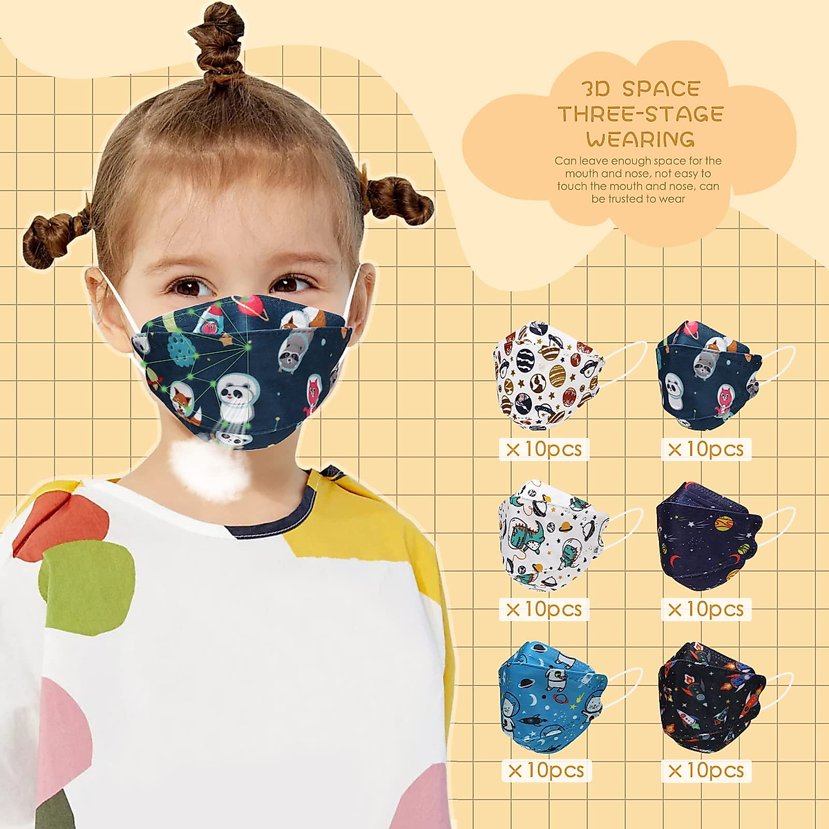 SOOQOO KF94 Mask,60 Pack Disposable Printed Face Mask,Individually Wrapped (Kid)