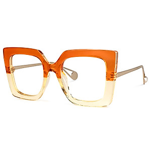 VOOGLAM Oversized Thick Square Blue Light Blocking Glasses for Women Orange Fashion Eyewear with Pearl Inlay Arm Anti Eyestrain UV Valarie