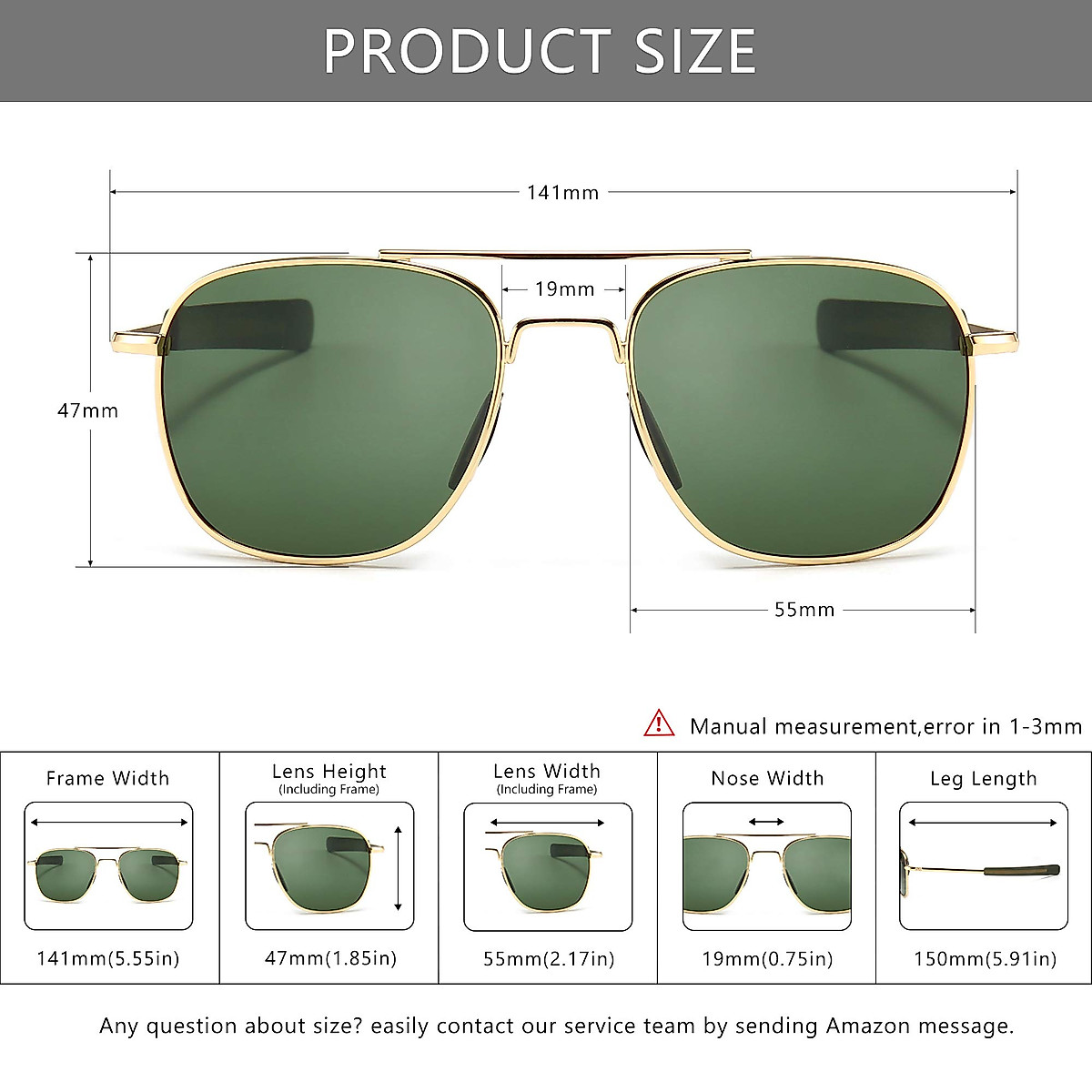 SUNGAIT Men's Military Style Polarized Pilot Aviator Sunglasses - Bayonet Temples (Gold Frame/Green Lens, 55) A285JKLV