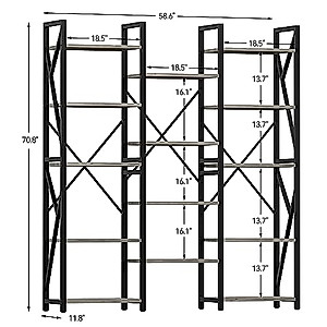IDEALHOUSE Triple Wide 5 Tier Book Shelf, Tall Bookshelf with Open Display Shelves, Industrial Large Bookshelves and Bookcases with Metal Frame for Living Room, Bedroom, Home Office-Grey