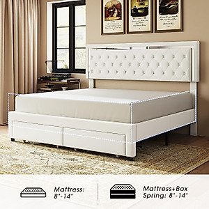 Jocisland Full Size Bed Frame with LED Lights&Storage Drawers,Velvet Upholstered Platform Bed,No Box Spring Needed,White