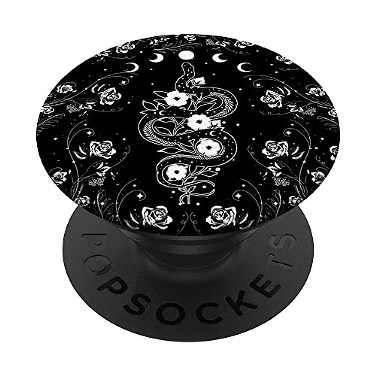 Witchy Snake Vertical Floral Moon Phase Black And White PopSockets Swappable PopGrip