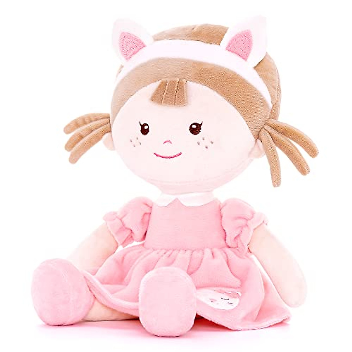 Onetoo First Baby Doll Cuddle Buddy Doll Soft Baby Doll Baby Dolls Plush Rag Doll Wear Kitty Costume PinkDress 14"（Milly Series）