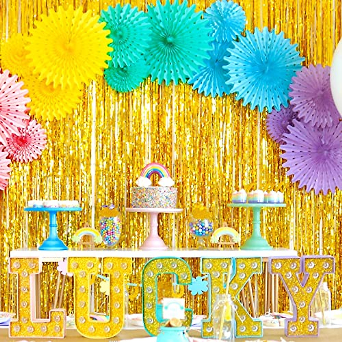 4 Pack Gold Foil Fringe Curtain Backdrop, 3.28Ft x 8.2Ft Metallic Tinsel Foil Fringe Streamer Curtains for Photo Booth Props Decor Party Supplies