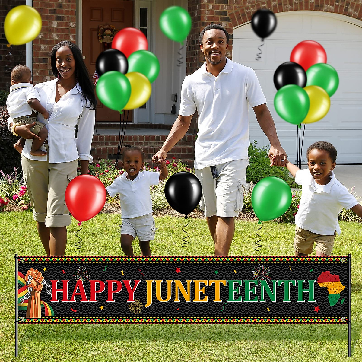 38Pcs Happy Juneteenth Decorations,Large Fabric Juneteenth Banner Patriotic Yard Sign and 36 Pieces Latex Balloons Ribbon for Juneteenth African Afro American June 19th Holiday Birthday Party Supplies
