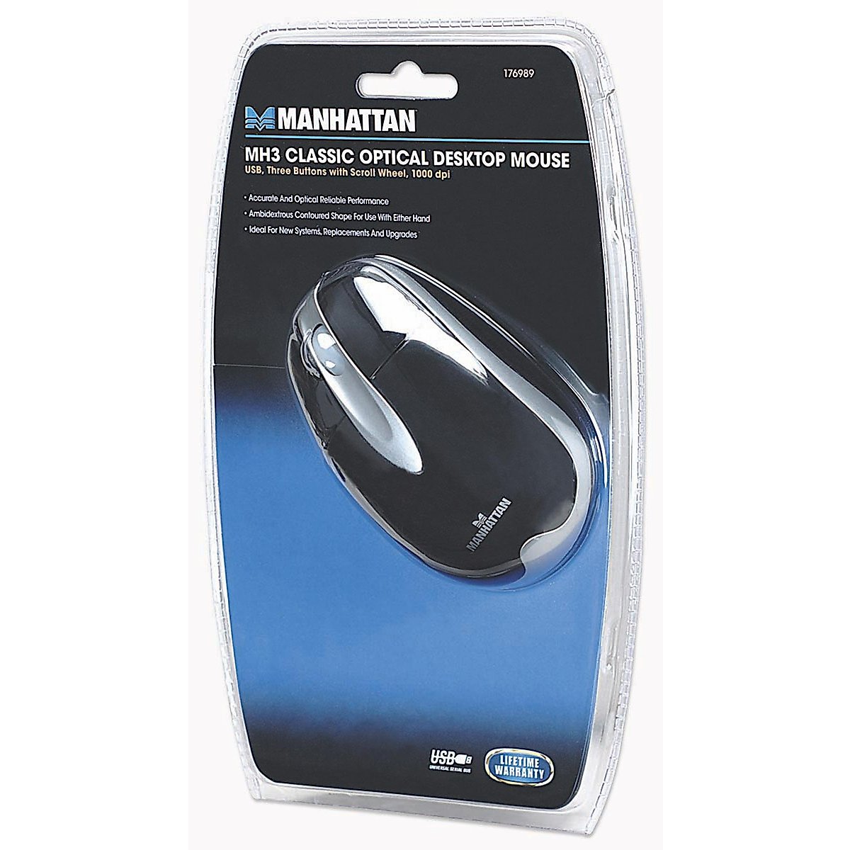 Manhattan, USB MH3 Classic Optical Mouse with Three Buttons and Scroll Wheel, 800 dpi