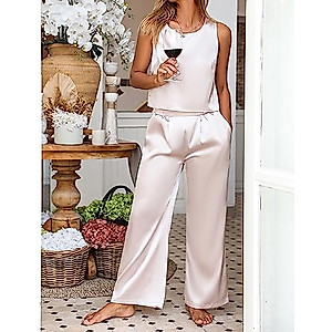 Ekouaer Silk Pajama set for Women Satin Pj Set Crop Top and Long Pant Lounge Set Two Piece Sleep Set Champagne M