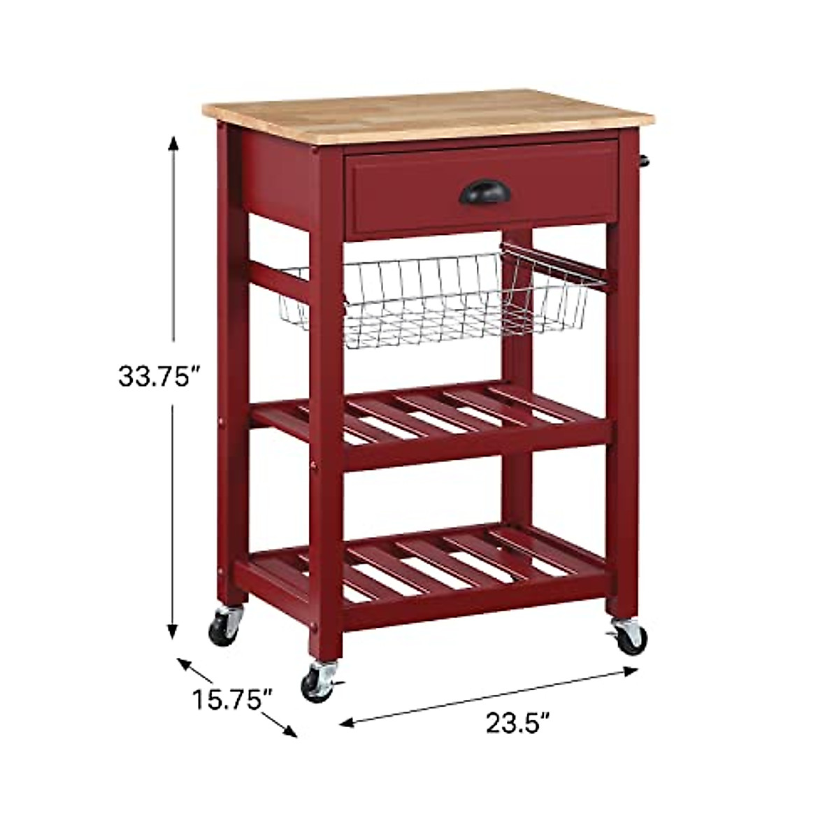 OS Home and Office Furniture Model HMPNW-9 Hampton Kitchen Cart in Red with Solid Rubberwood Top