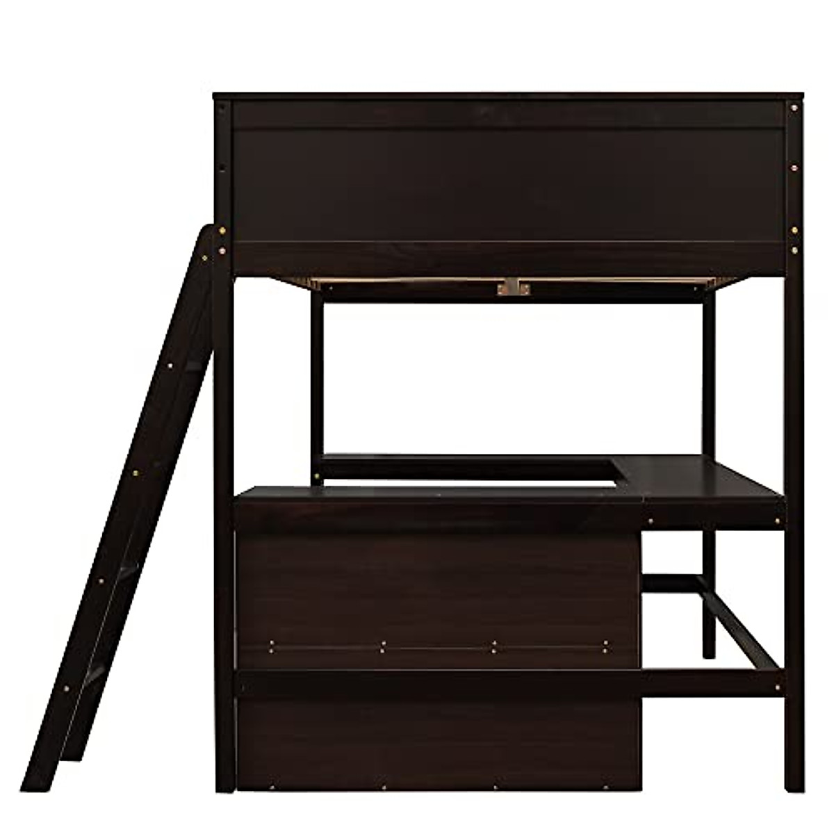 BOVZA Full Size Loft Bed with Desk and Shelves, Wooden Full Loft Bed Frame with Safety Guardrails for Kids Teens Adults, Espresso
