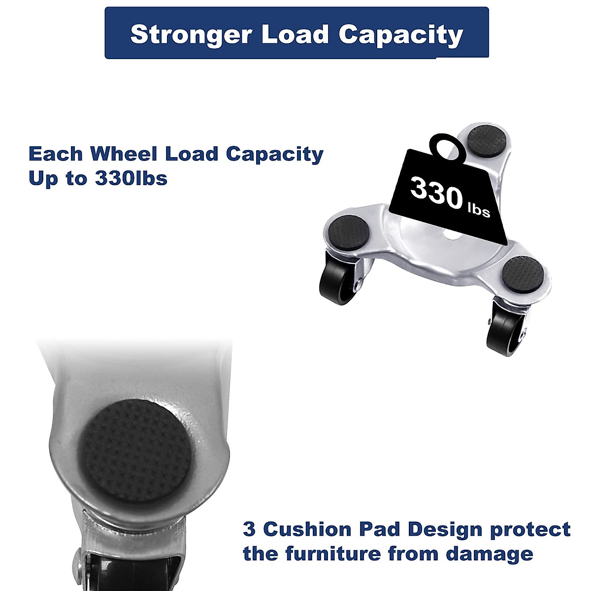 Ganggend 6 Inch Furniture Dolly Set 4 Pack, 330lbs Load Capacity Each Pack Steel Tri Dolly Furniture Lifter, Mover Dolly 3 Wheels Heavy Duty for Moving Cabinet, Furniture, Appliances, Silver