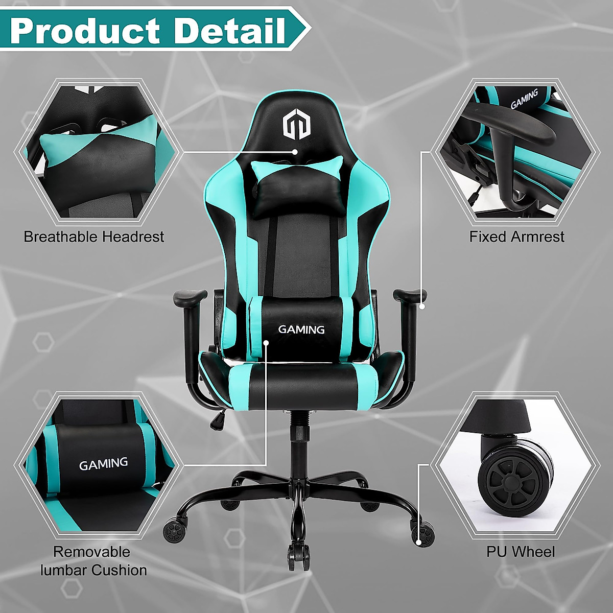 GOTMINSI Video Gaming Chair with Headrest and Lumbar Cushion Adjustable Desk Chair for Office and Study Room Computer Racing Chair with Ergonomic High Backrest (BK/Mint)