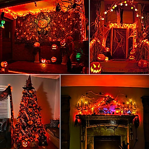 Orange Lights, 2 Packs Each 66 Feet 200 LED Solar Fairy Lights, Halloween Lights Outdoor with 8 Modes, Waterproof Twinkle Fall Lights for Patio Yard Trees Party, Black Wire