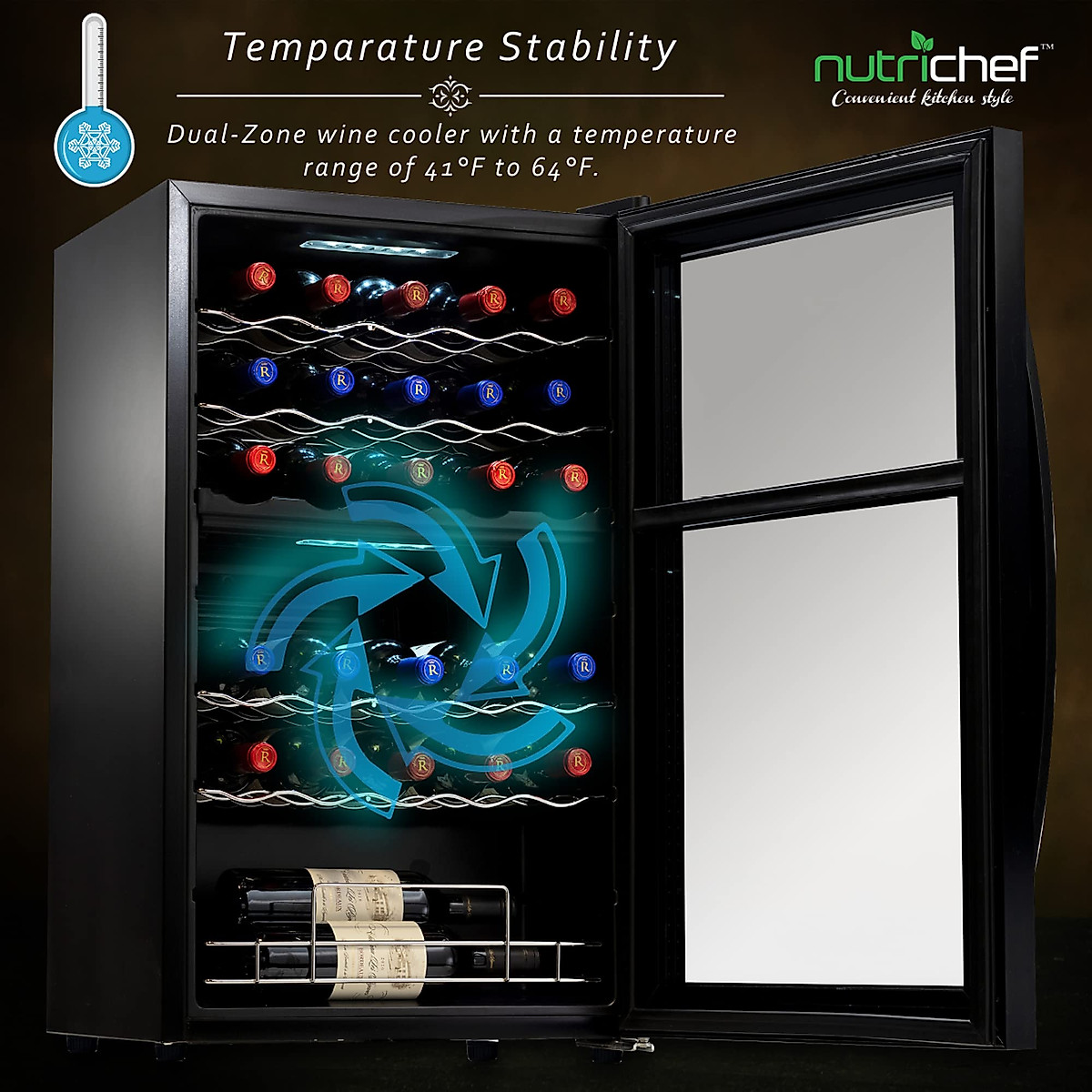 Nutrichef 33 Bottle Wine Fridge | Dual Zone Wine Chiller | Adjustable Temperature 41°F to 64°F | Ultra Quiet Operation | Wine Cooler For Home, & Office | Free Standing 33x19x17 IN | Black