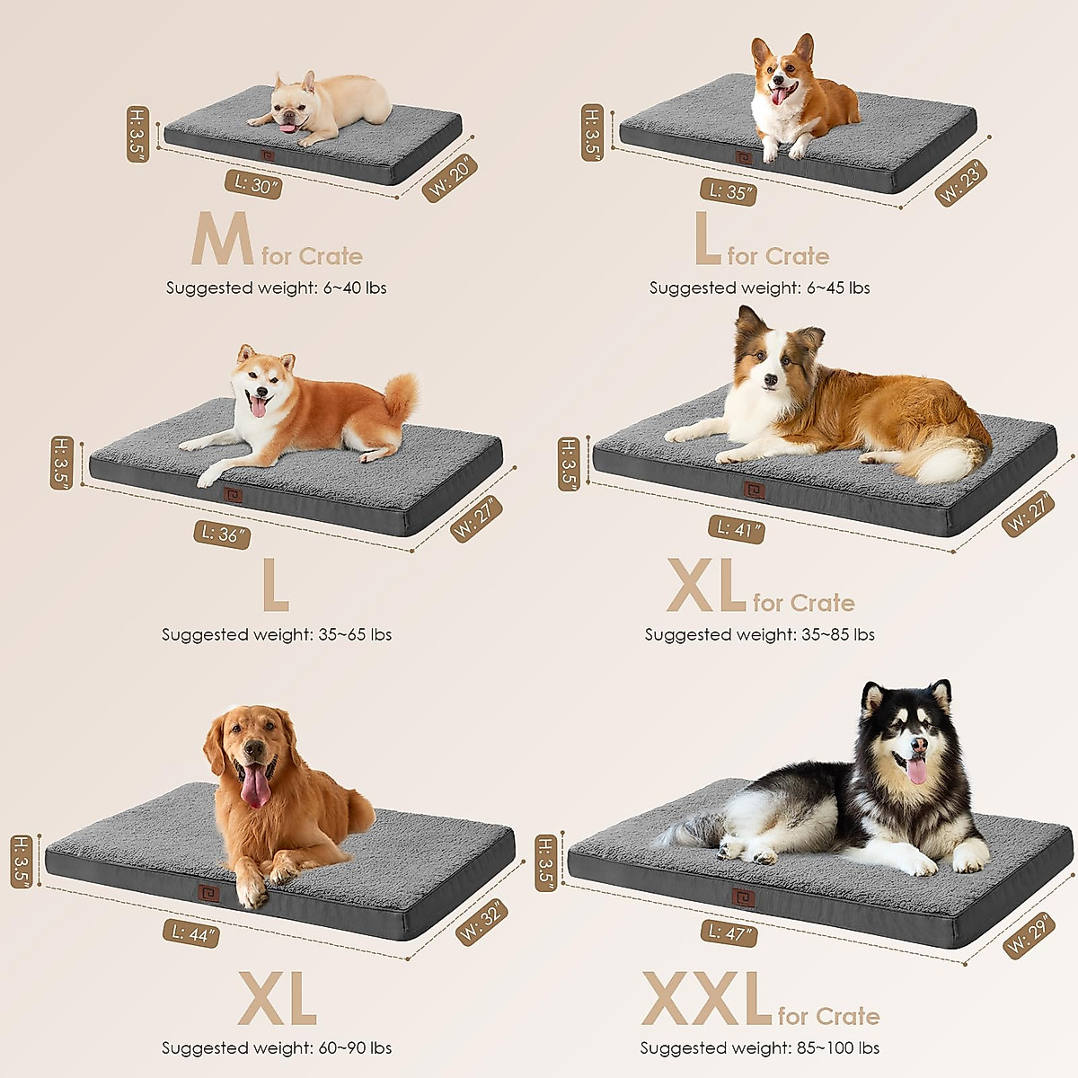 EHEYCIGA Orthopedic XL Dog Beds for Extra Large Dogs with Removable Washable Cover, Grey, 44x32