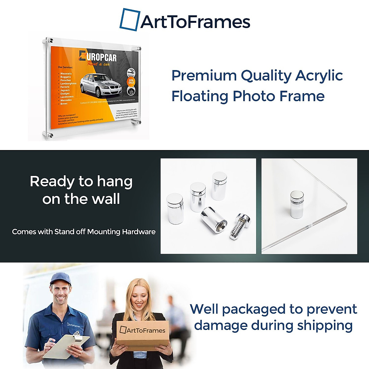 ArtToFrames Floating Acrylic Frame for Pictures Up to 16x20 inches (Full Frame is 20x24) with Chrome Standoff Wall Mount Hardware, Acrylic-109-16x20-69