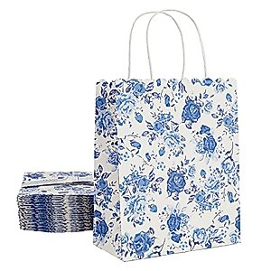 Sparkle and Bash 24 Pack Floral Gift Bags with Handles, Medium Size, All Occasion Blue Rose Flowers (10 x 8 x 4 In)