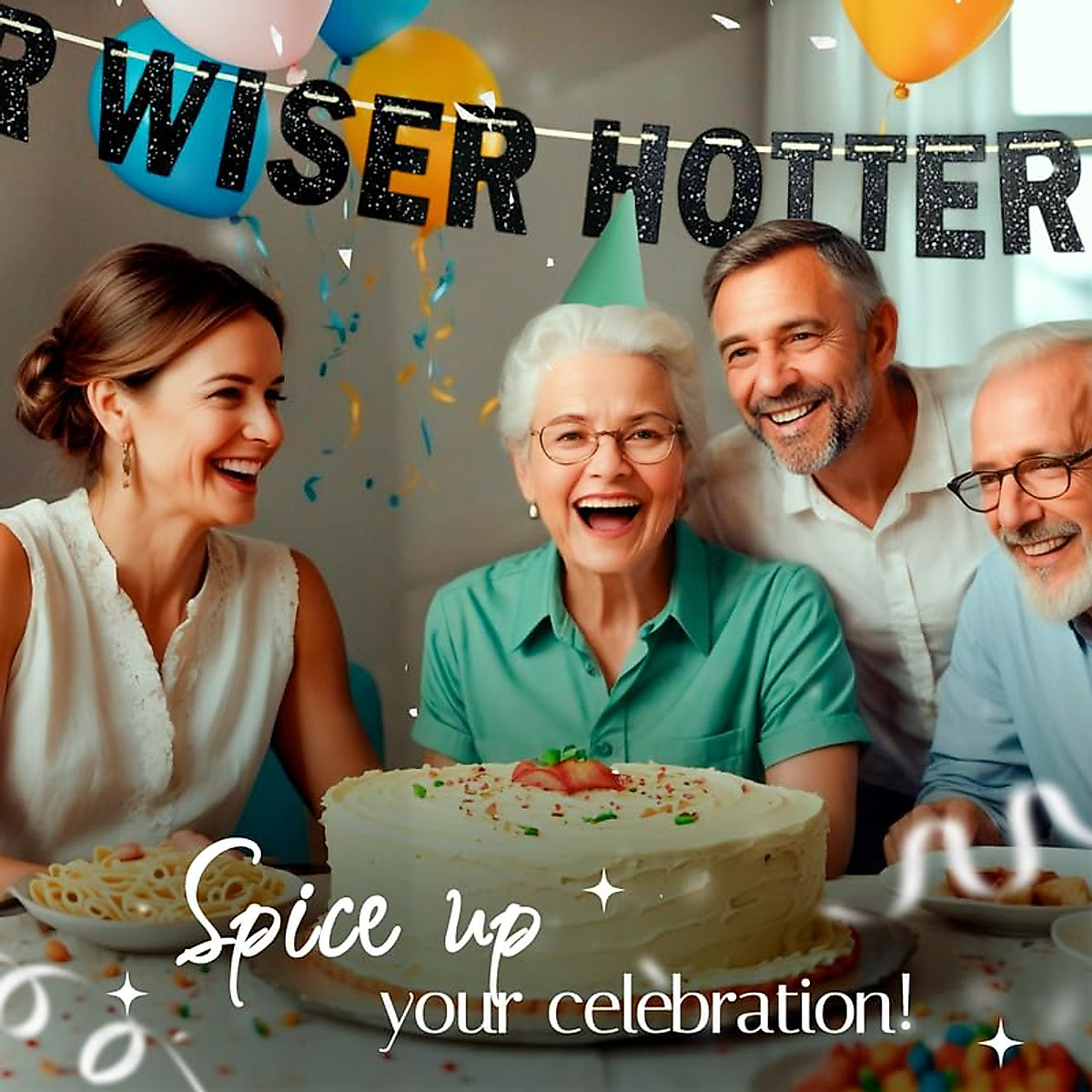 Pre-Strung Older Wiser Hotter Birthday Decorations - Creative Shining Black Happy Birthday Banner - No DIY Party Decorations For Men And Women - Funny Happy Birthday Sign - Thick Cardstock - 9.8 Ft