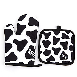 FSTIKO Milk Cow Oven Mitts and Pot Holders Sets 4 Pieces, Hot Pads Cotton Quilted Kitchen Mittens BBQ Gloves with Potholders Kitchen Microwave Gloves for Baking Cooking Grilling