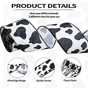 3 Rolls Wired Cow Grosgrain Ribbon, 15 Yards Wired Cow Print Ribbon Black and White Ribbon Animal Print Ribbon, Cow Spot Pattern Ribbon, Animal Print Ribbon for Wreath Bow DIY Crafts Party Decoration