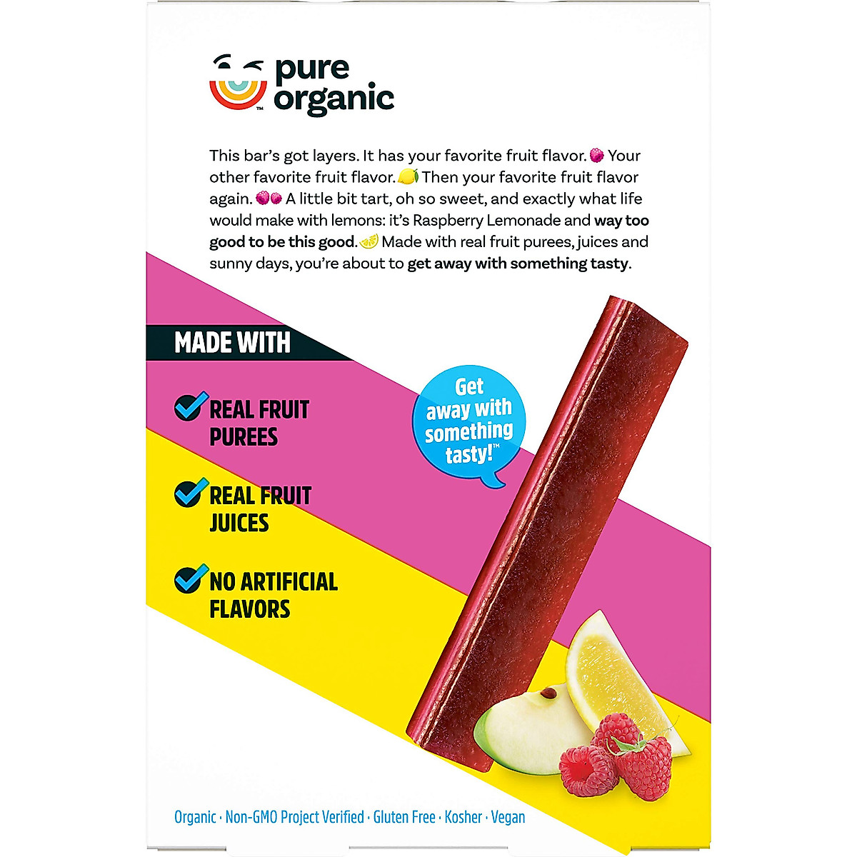 Pure Organic Layered Fruit Bars, Gluten Free and Vegan, Kids Fruit Snacks, Raspberry Lemonade, 6.2oz Box (12 Bars)