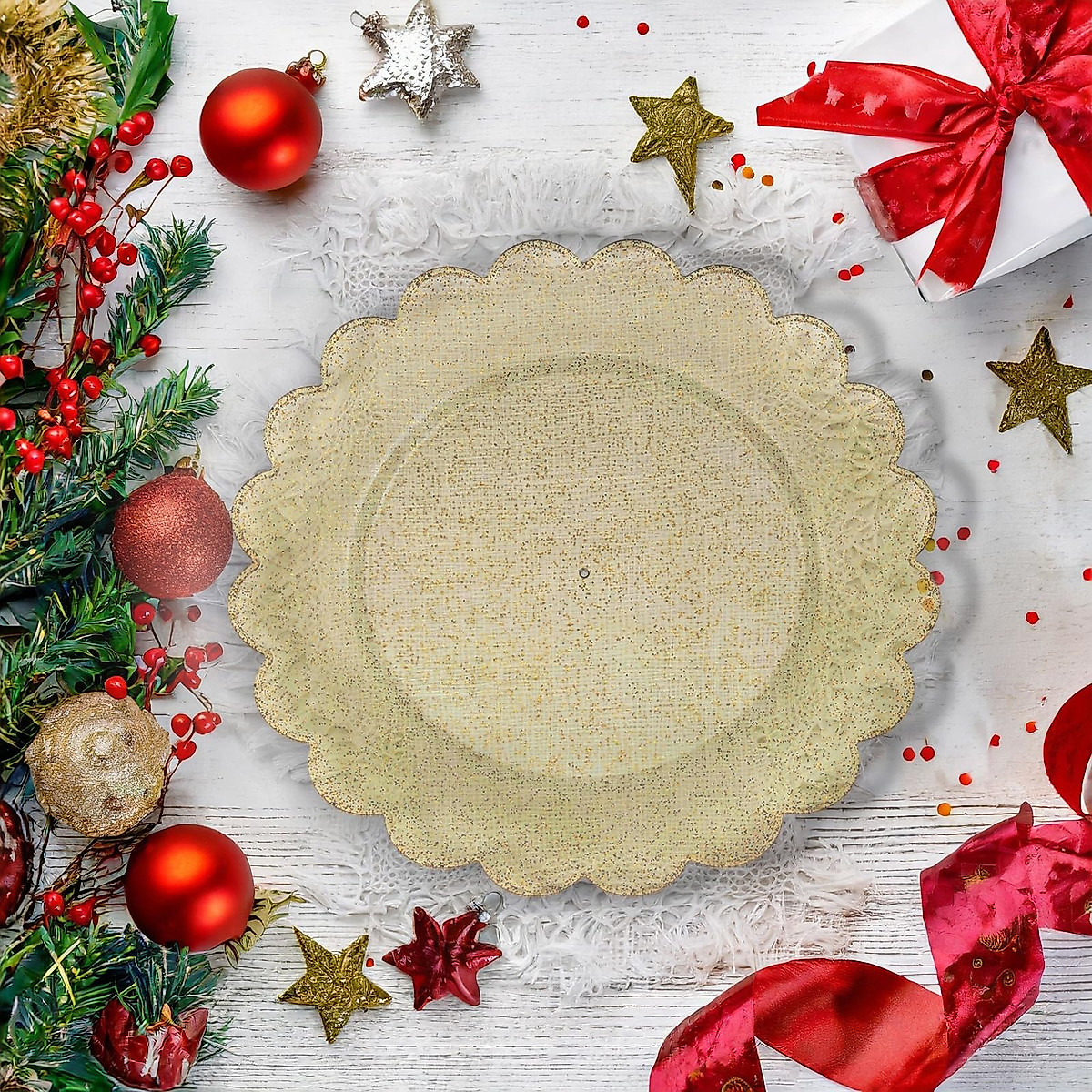 BLUE PANDA 50-Pack Gold Plastic Plates - Gold Glitter Plates with Scalloped Edges, Disposable for Birthdays, Weddings, Bridal Shower, 9 inches