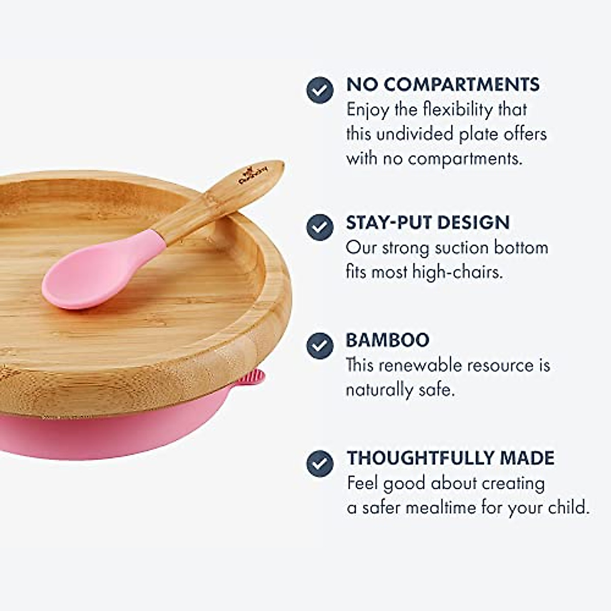 Avanchy Classic Baby Plates Non Divided Bamboo with Suction for Babies Kids Toddler Food with Silicone Spoon for Feeding, Black