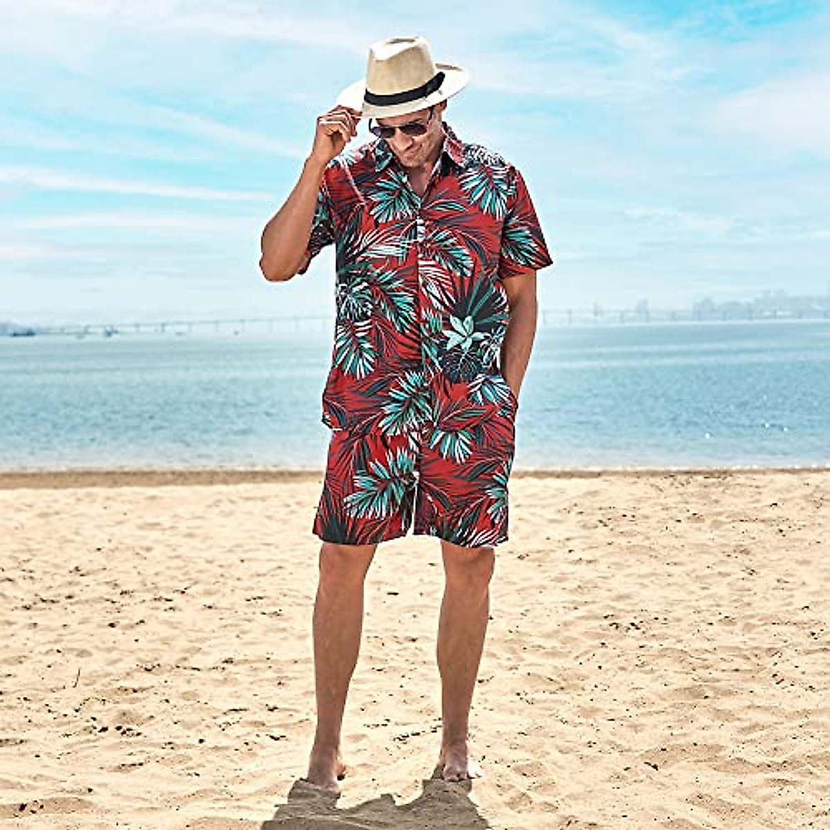 Mens Hawaiian Outfit 2 Piece Tracksuit Beach Shirt and Shorts Aloha Shirt Set, A11-2XL