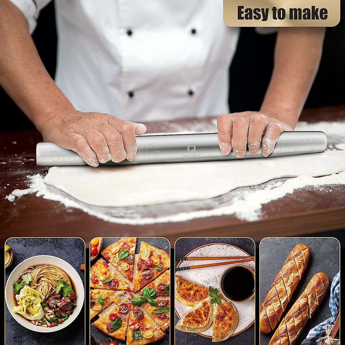 French Rolling Pin with Measurements - Quellance Rolling Pins for Baking,17.5" Fondant Rollong Pin,Stainless Steel Rolling Pin Dough Roller