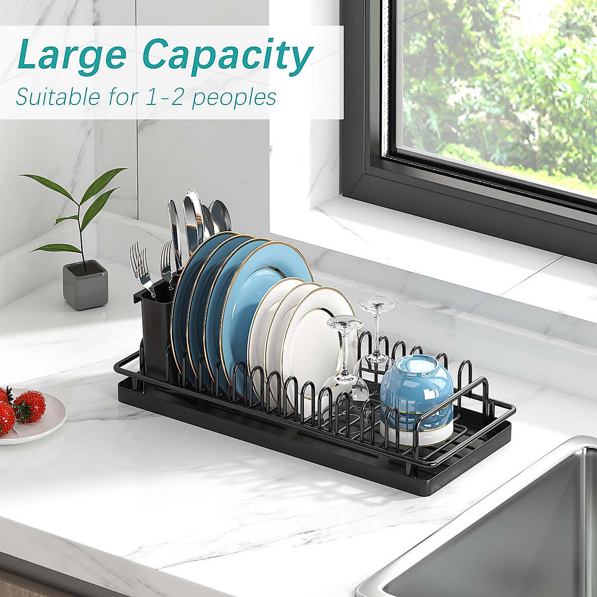 Giwil Small Dish Drying Rack, Compact Dish Rack with Silicone Tray and Caddy, Multifunctional Dish Drainer Sink Drying Rack for Kitchen Counter & Over The Sink, Stainless Stell, Black