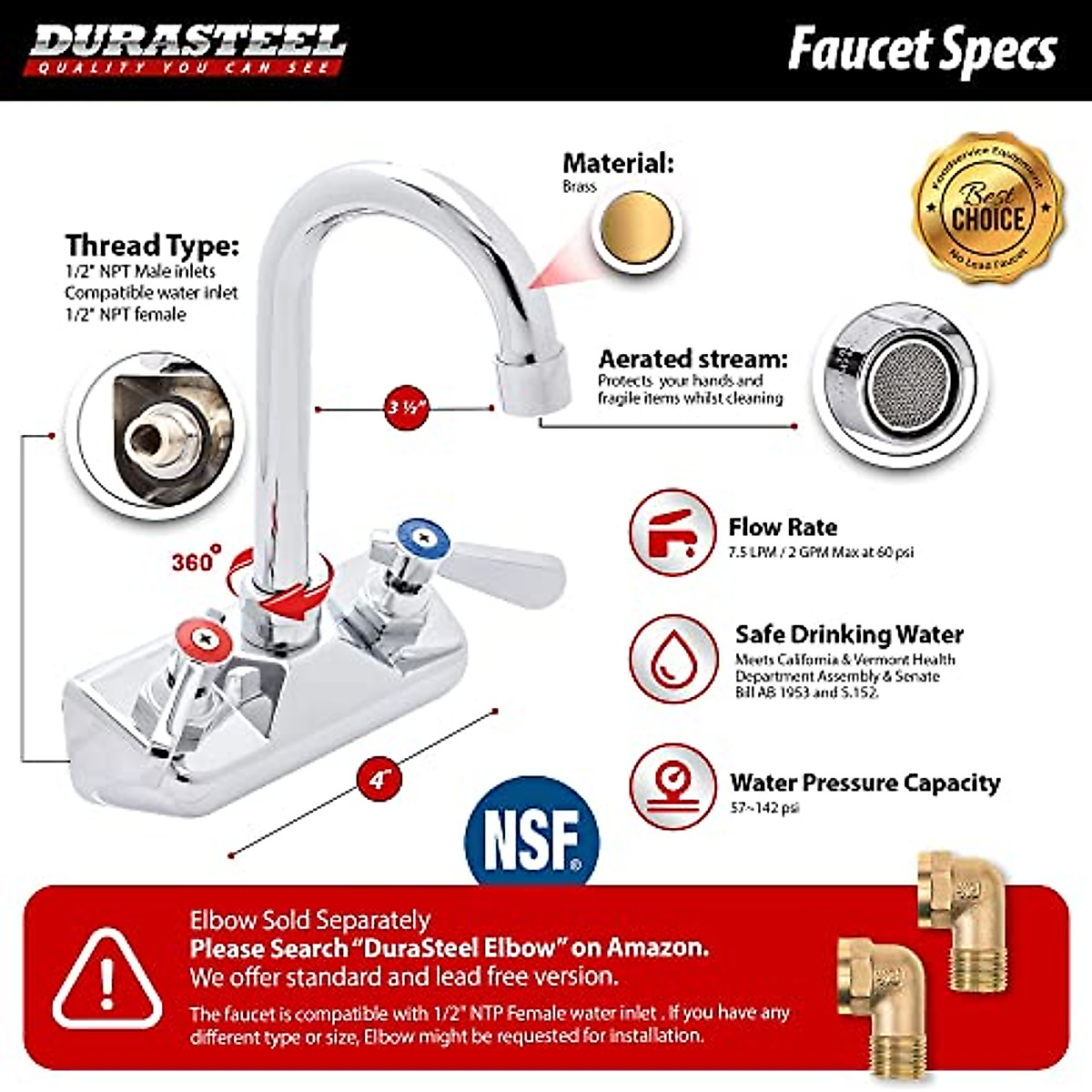 Kitchen Sink No Lead Faucet - DuraSteel 4" Center Wall Mounted Commercial Kitchen Sink Faucet with 3-1/2" Gooseneck Spout - NSF Certified - Dual Lever Handles - Brass Constructed & Chrome Polished