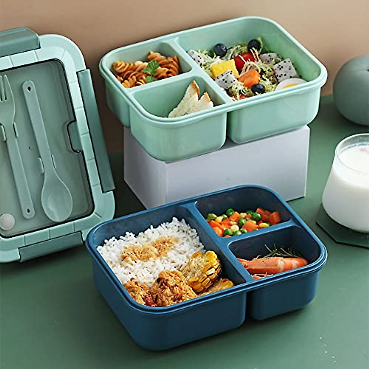 Iteryn Bento Box, Bento Box for Adults, 49 OZ 3 Compartments Bento Lunch Box with Spoon & Fork, Leakproof Bento Box, Microwave Safe