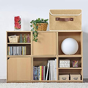 Lucky Monet 2 Pack Linen Fabric Foldable Storage Bin Set Collapsible Storage Box Cube Closet Organizer with Lid & Faux Leather Handle, 10”x8”x7” (Khaki)