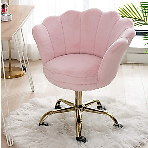 Pink Desk Chair Fluffy Task Vanity Chair Home Office Chair Adjustable Rolling Swivel Chair with Wheels for Teens Adults Bedroom Study Room, Faux Fur