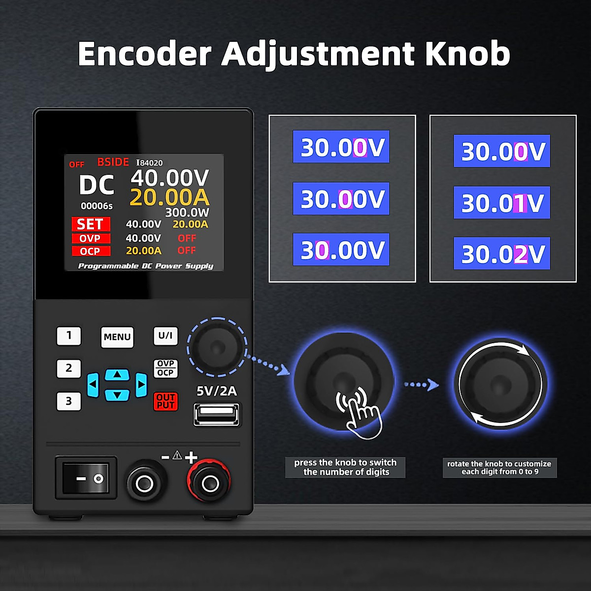 BSIDE 40V 20A DC Power Supply Variable, Programmable with Encoder Knob, Adjustable Switching Regulated Bench Power Supply, 4-Digits LED Display with Memory Storage, 5V/2A USB Ports and Output Button
