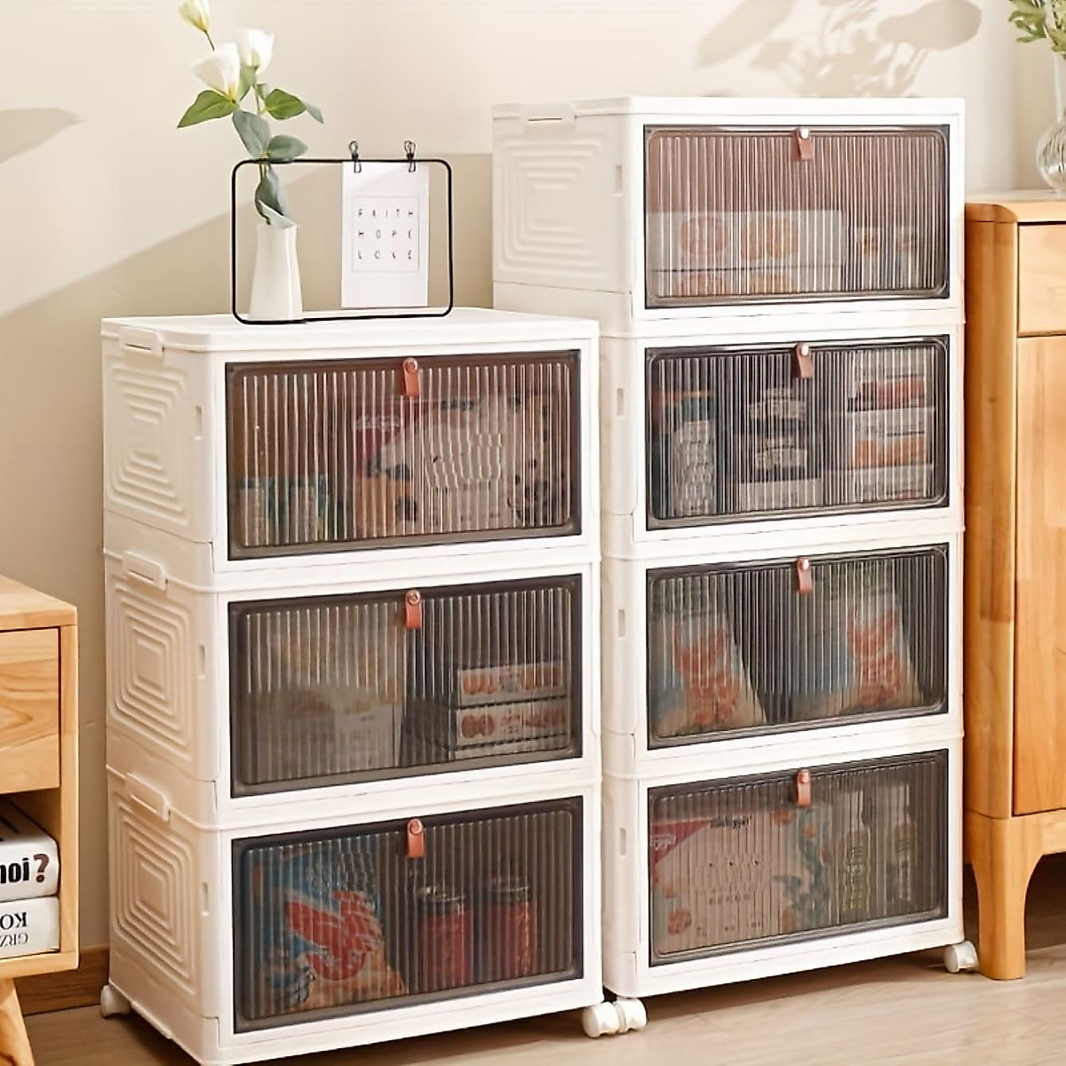 5 Tier Stackable Storage Bins with Lids, 28Qt Plastic Storage Containers with Magnetic Doors & Wheels, Convenient Storage Bins Closet Organizers, Household Organization for Home, Party, Office, Dorm