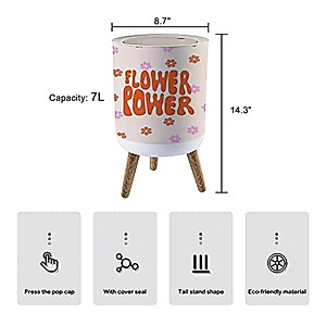 Small Trash Can with Lid Flower with Phrase Flower Power Hand Lettering in 70s Hippie Style 7 Liter Round Garbage Can Elasticity Press Cover Lid Wastebasket for Kitchen Bathroom Office 1.8 Gallon