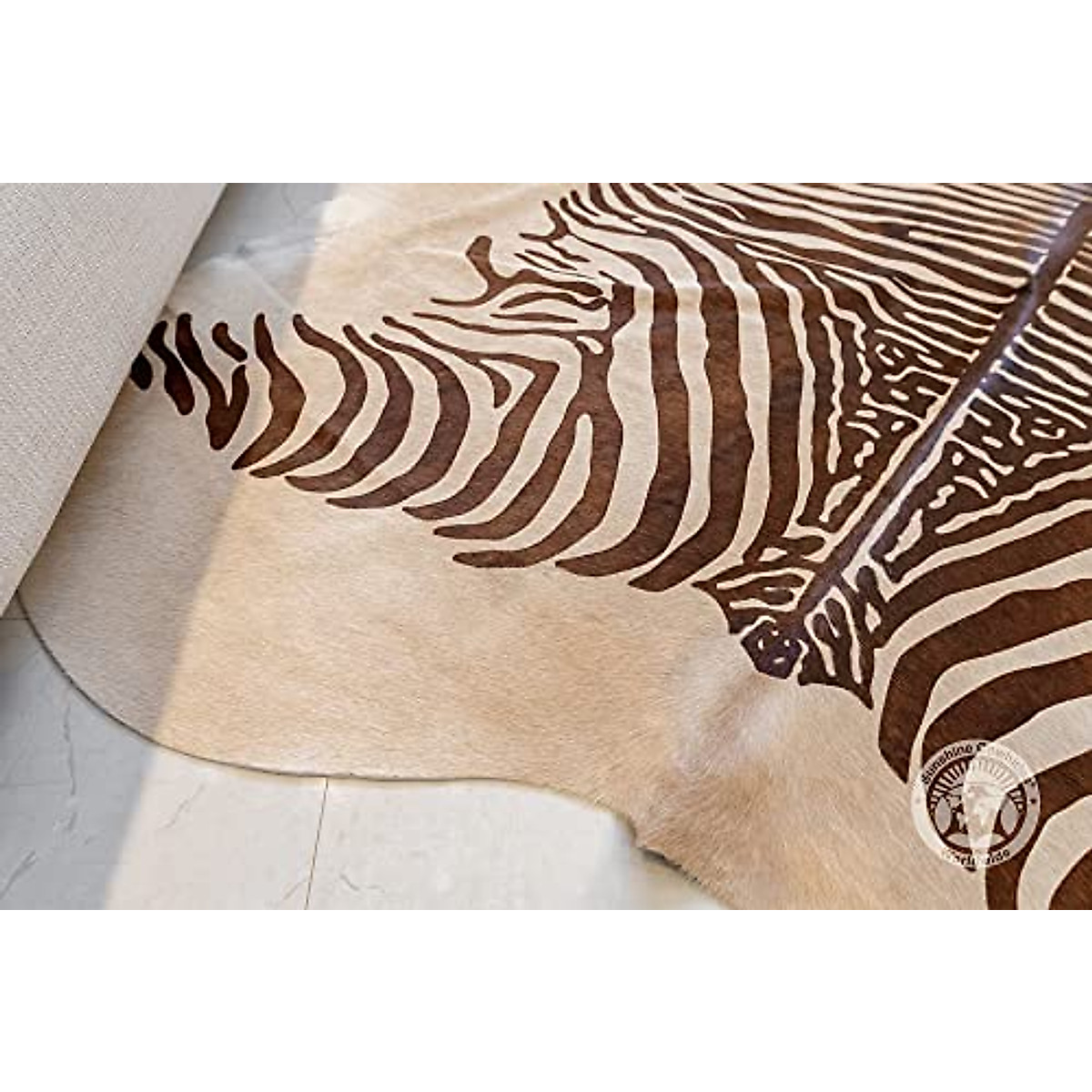 Zebra Print Brown on Beige Genuine Cowhide Rug 6 x 7 ft. 180 x 210 cm