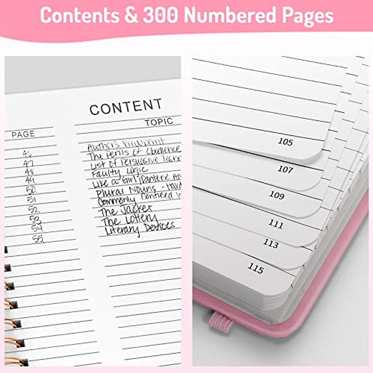 Forvencer Lined Spiral Journal Notebook with 300 Numbered Pages, B5 College Ruled Thick Journals for Writing with 100GSM Paper, Hardcover Notebooks with Contents for Work, School, Women, Men, Pink