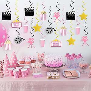 K KUMEED Movie Night Party Decorations,Pink Movie Theme Hanging Swirl Decorations,Cute Popcorn Foil Swirls Ceiling for Baby Shower Birthday Party Film Party Supplies Family Party Girls Boys