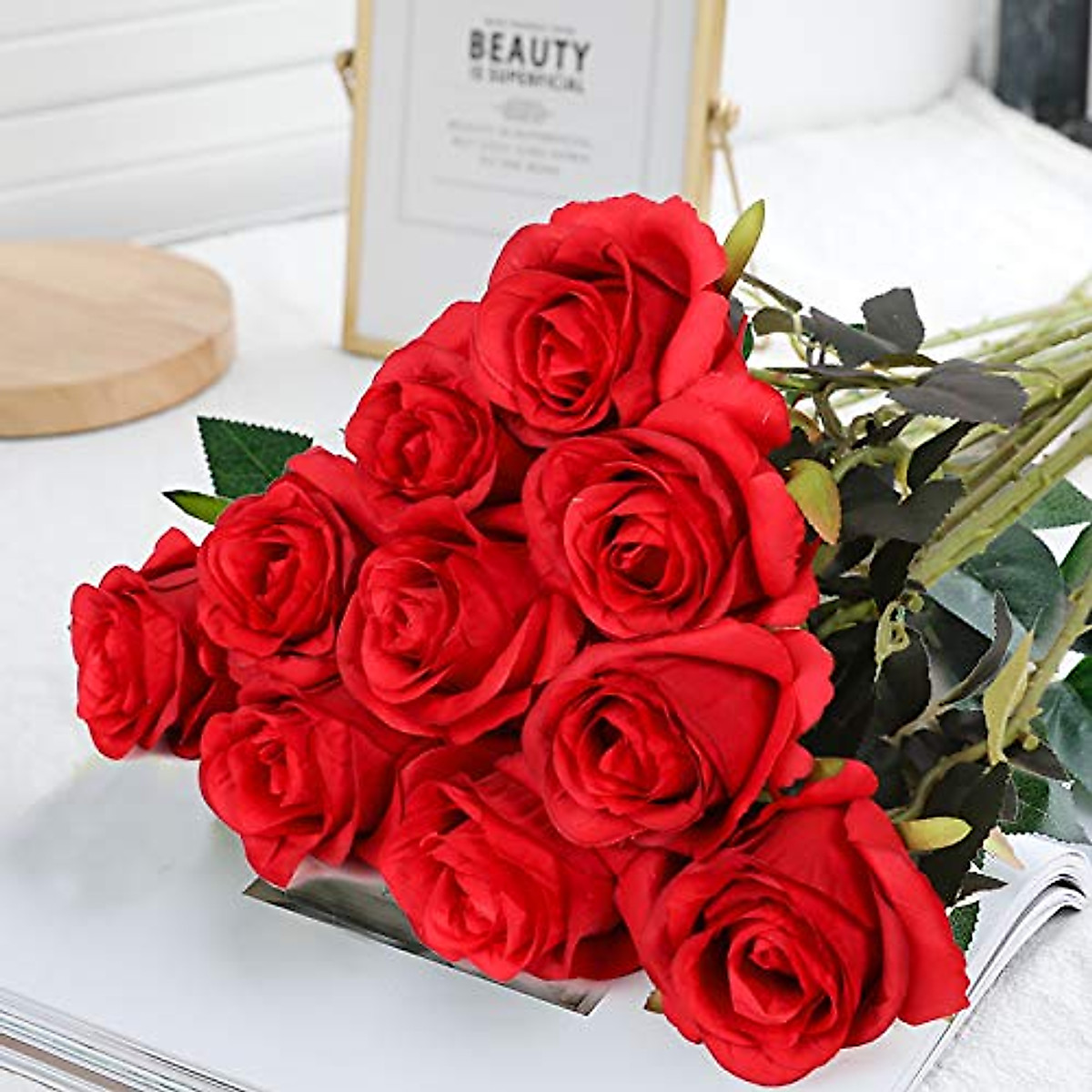 Hawesome Artificial Flowers 10 PCS Silk Roses with Long Stems Faux Realistic Roses for Wedding Bouquets Table Centerpieces Party Home Decor(White)