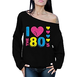 Awkward Styles Women's I Love The 80's Off The Shoulder Sweatshirt for 80's Fans + Sticker Gift (XL, Black)