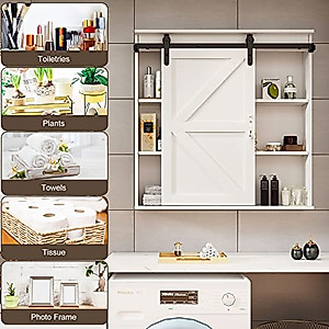 Wood Storage Wall Cabinet,Bathroom Hanging Cabinet with Sliding Barn Door and 3 Tiers Adjustable Shelf, Medicine Cabinet or Farmhouse Storage Wall Cabinet for Kitchen, Bathroom, Living Room,White