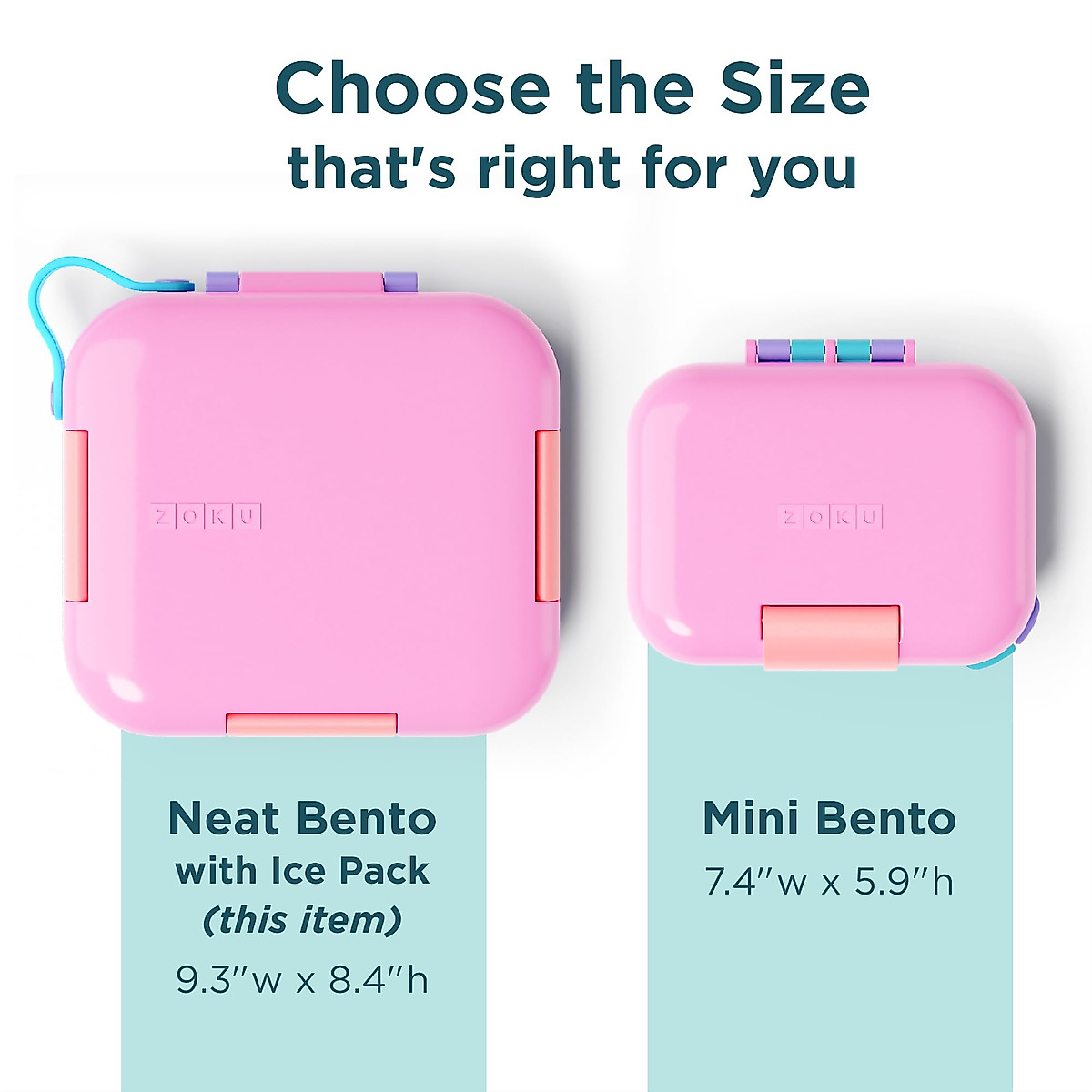 ZOKU - Bento Box with Ice Pack, Lunch Box for Kids, Easy to Carry and Clean, Freezer Pack Keeps Food Fresh, Fits Any Snack or Meal, Leakproof (Neat Bento) (Pink)