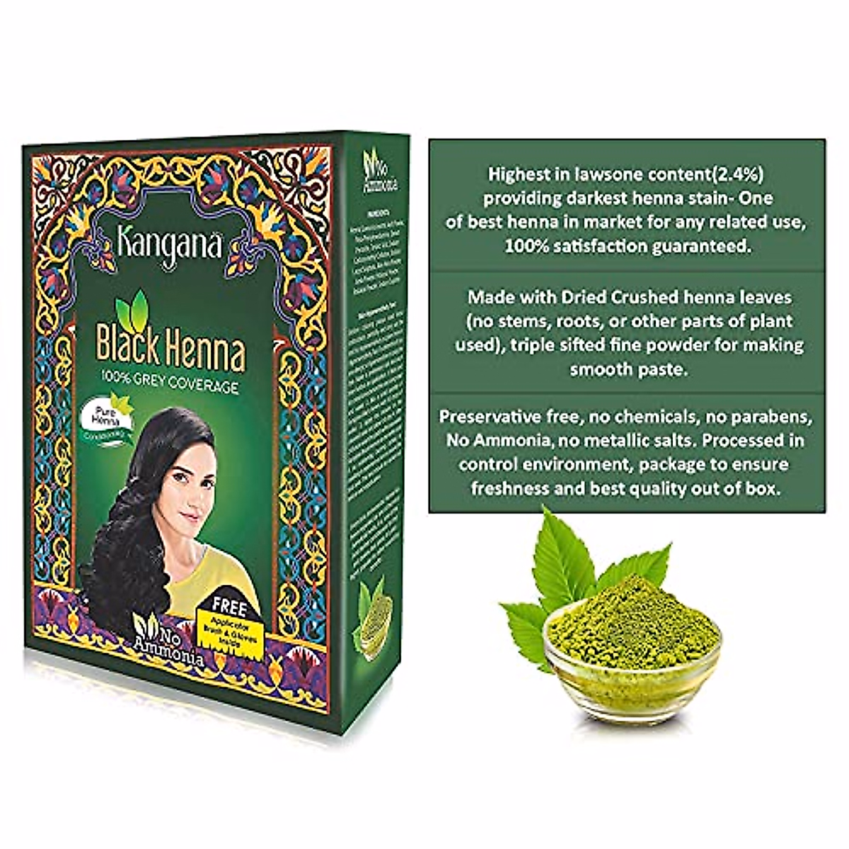 Kangana Black Henna for 100% Grey Coverage - Natural Hair Dye/Color | 6 Pouches - Total 60g (2.11 Oz)